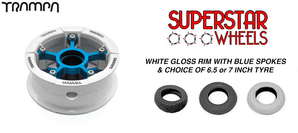 WHITE Gloss Superstar rim BLUE spoke & Custom 7 Inch tyres